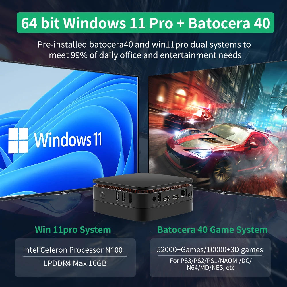 Intel N100 Game PC Box WIN 11 Pro & Batocera 40 Retro Video Game Conso ...